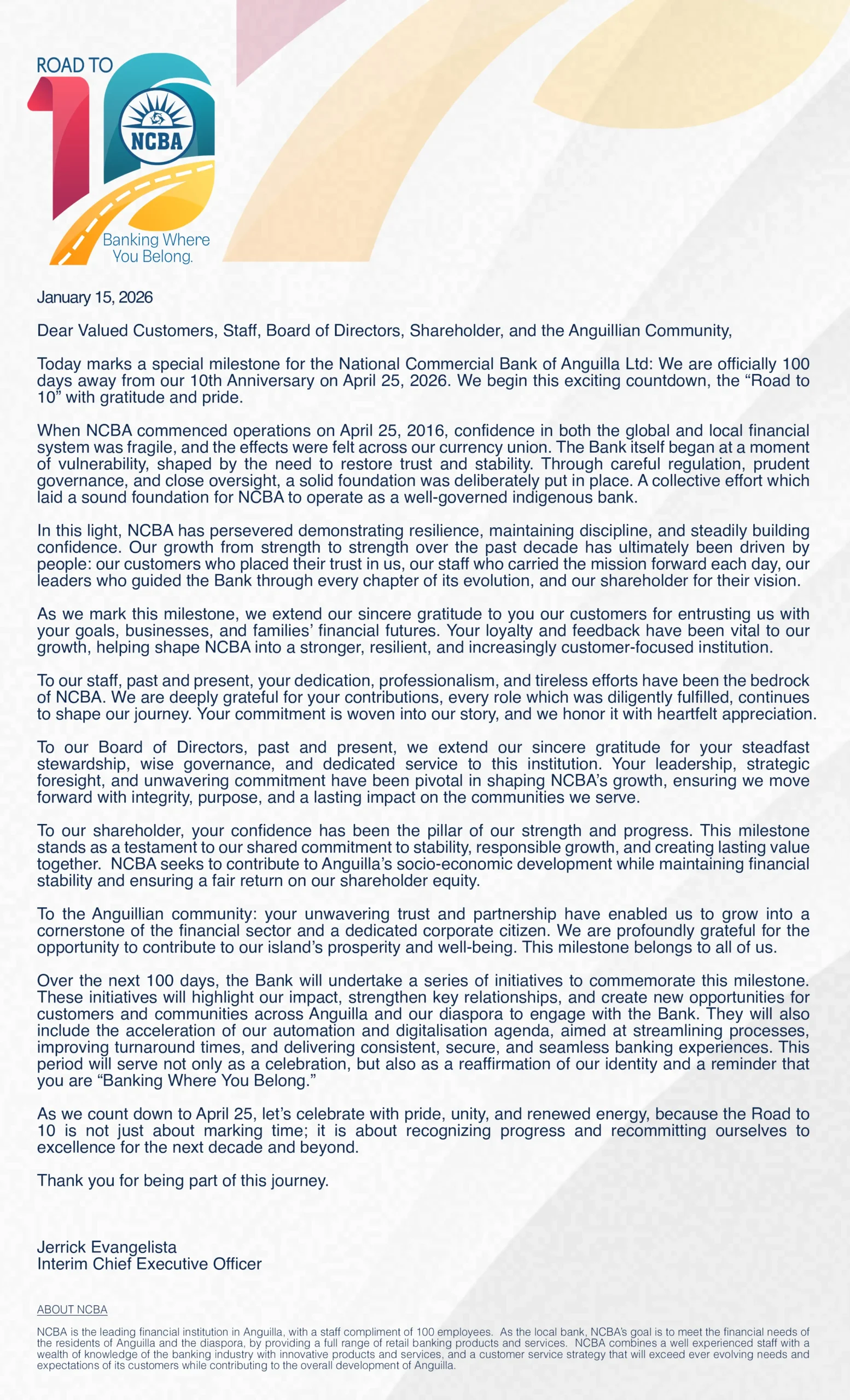 NCBA Road to 10 – CEO’s Message - National Commercial Bank of Anguilla Ltd.